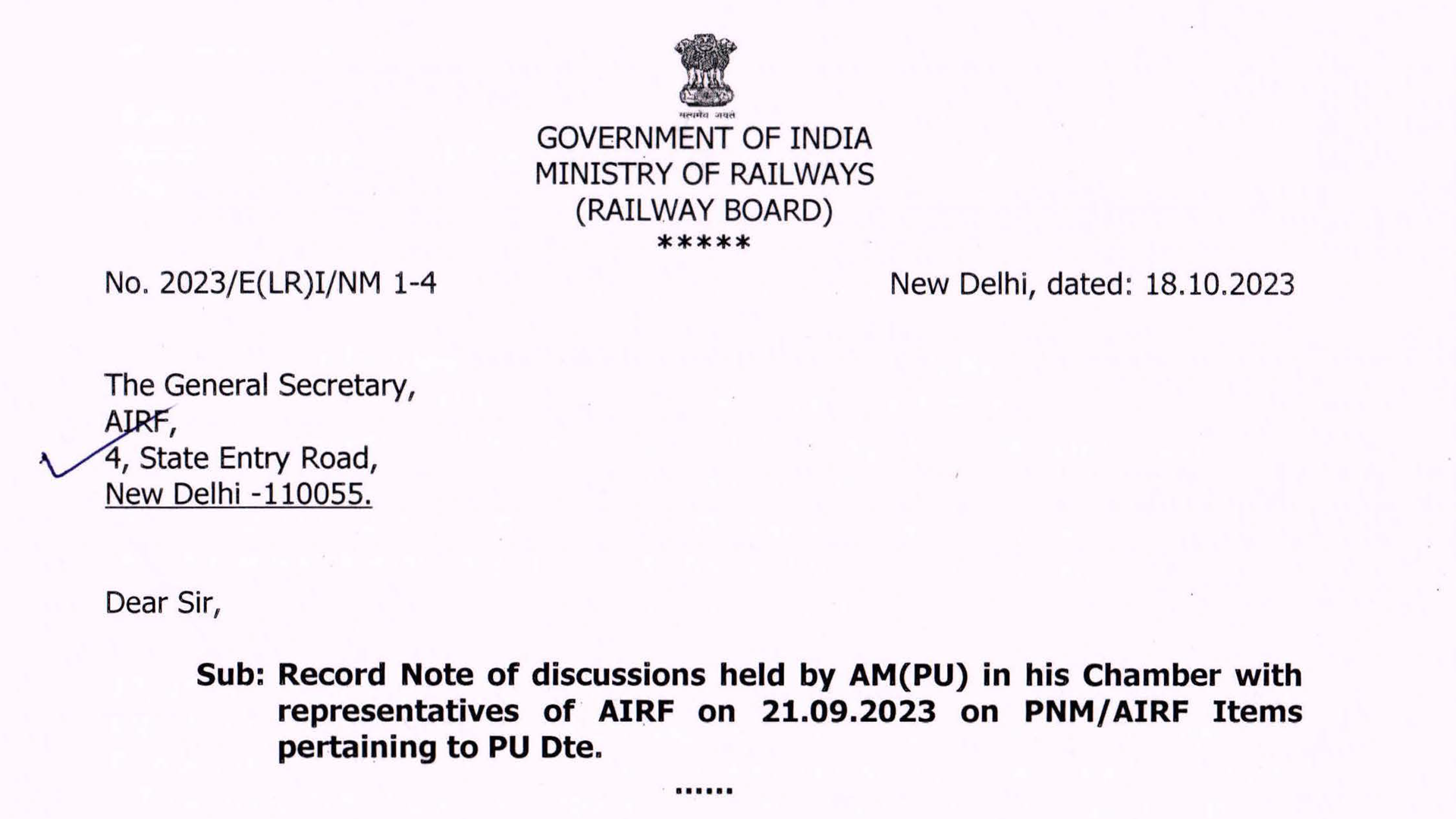 Record Note of discussions held by AM(PU) in his Chamber with ...
