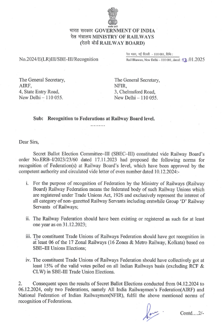 Recognition of Federations at Railway Board Level - All India ...